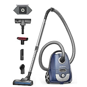 Aspiron Canister Vacuum Cleaner, 1300W Bagged Canister Vacuum, Turbo Brush, 5 Tools, 3.7Qt, H13 HEPA Filter, Automatic Cord Rewind, Vacuum Cleaner for Carpets, Hardwood Floors, Pet Hair, Blue