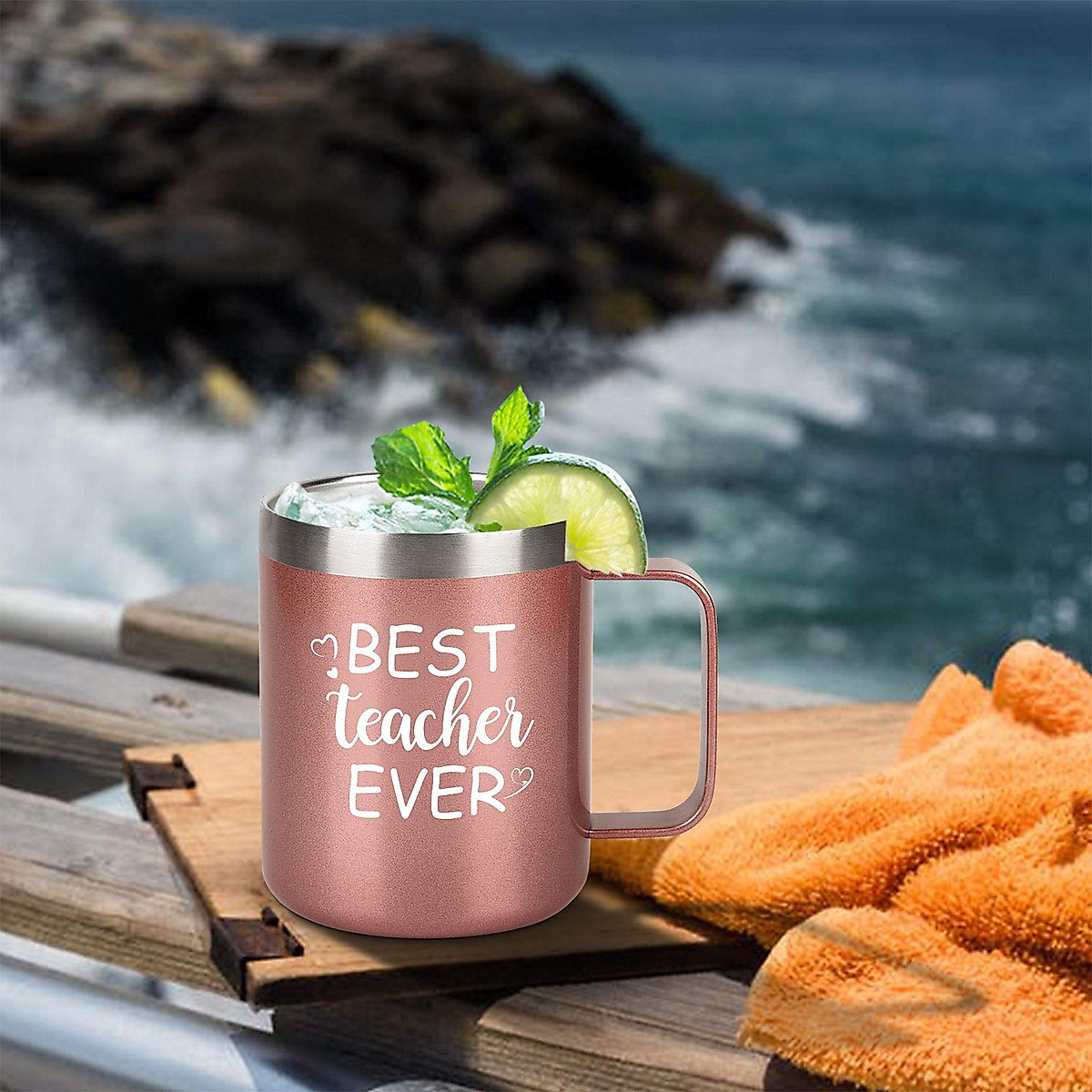 Qtencas Teacher Gifts, Best Teacher Ever Coffee Mug, Thank You Appreciation Gifts for Teachers Women on Birthday Christmas, 12 Oz Stainless Steel Travel Mug, Rose Gold