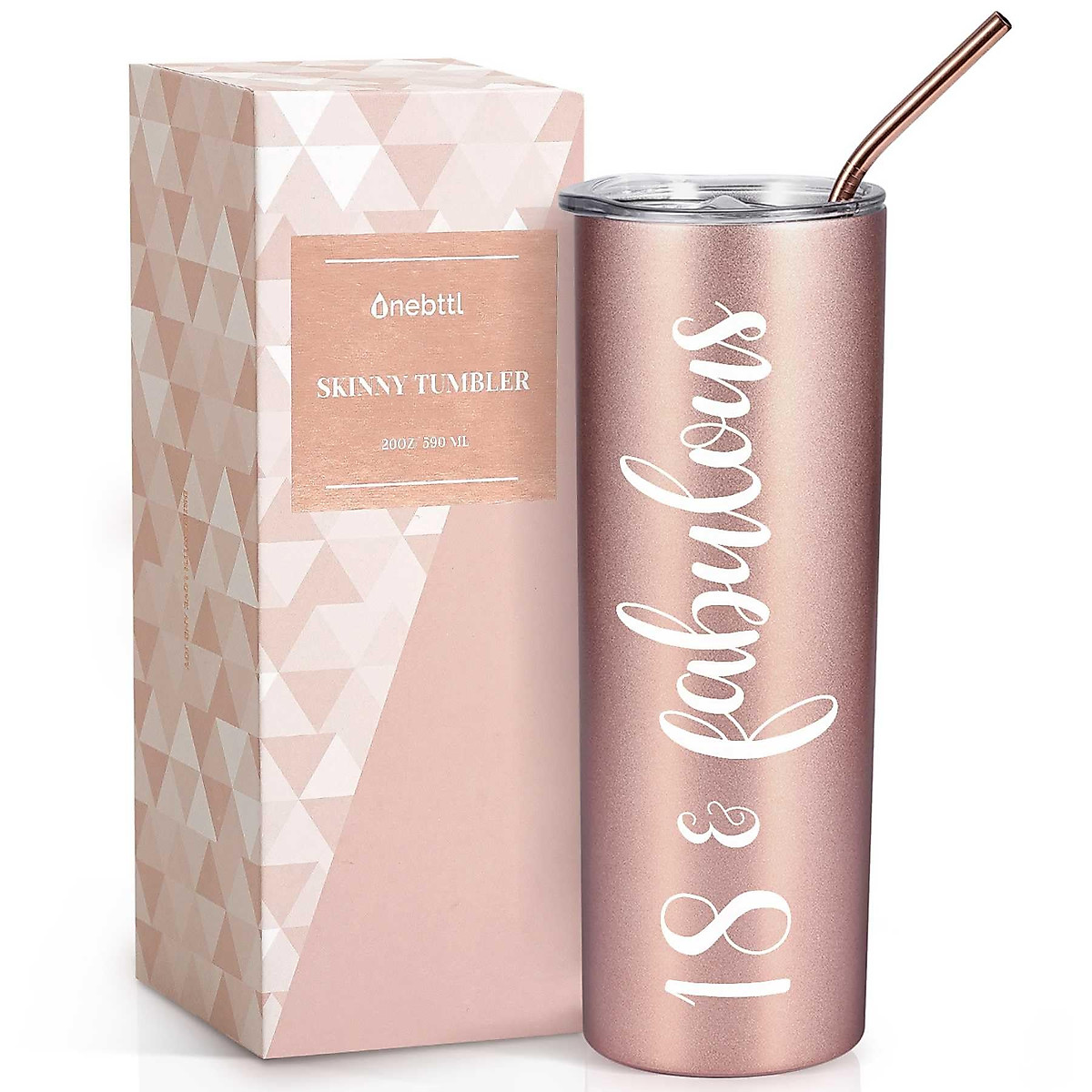 Onebttl 18th Birthday Gifts for Girls, Women, Her - 18 and Fabulous -20oz/590ml Stainless Steel Insulated Tumbler with Straw, Lid, Message Card - (Rose Gold)