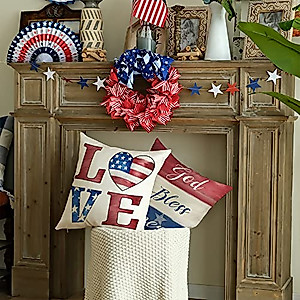 GEEORY 4th of July Decorations Pillow Covers 18x18 Set of 4 Memorial Day American Flag Stars and Stripes Patriotic Throw Pillow Covers Love America Pillows Case Independence Day Decor