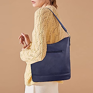 FUKUYIN Tote Shoulder Bag for Women PU Leather Large Capacity Hobo Purse and Handbag, with Zip Pockets Shoulder Strap (Navy Blue)