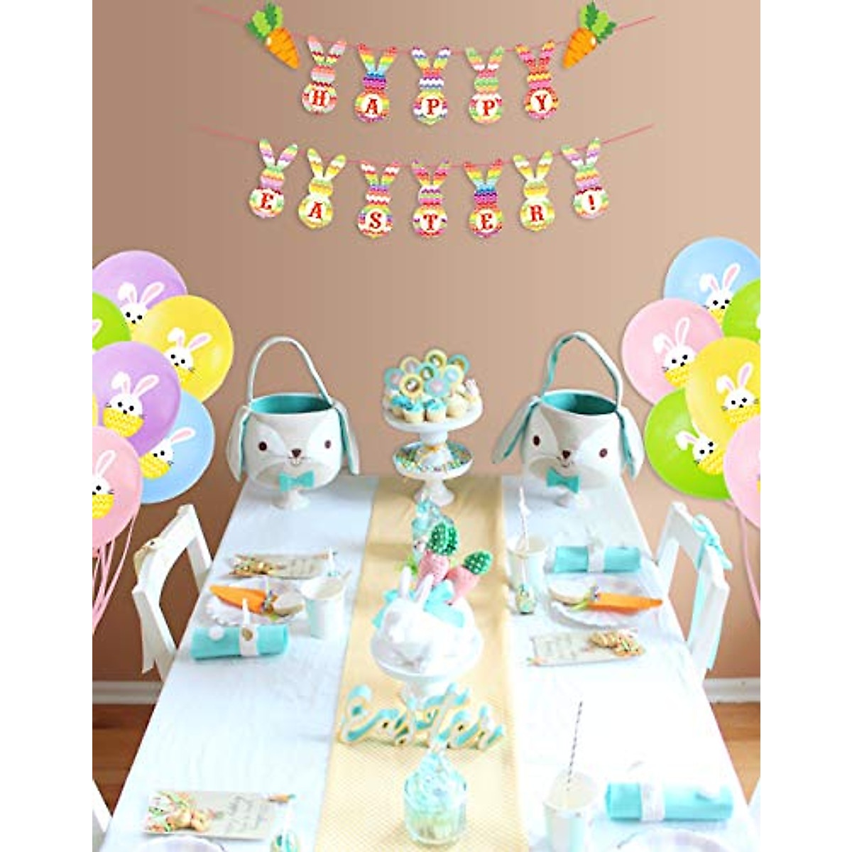 Easter Banner and Balloons Decorations, Happy Easter Bunny Banner Garland and 20 Pcs Bunny Pattern Balloons for Easter Home Decor Party Supplies (A)
