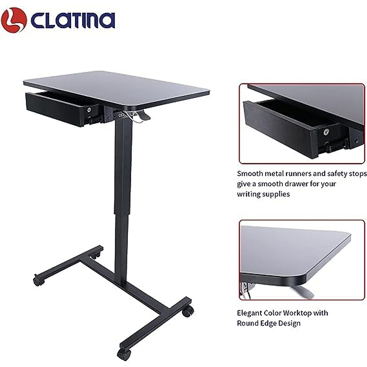 CLATINA Mobile Laptop Desk Adjustable Height Standing Desk Adjust from 30'' to 45.7'' Rolling Cart Ergonomic Table with Drawer