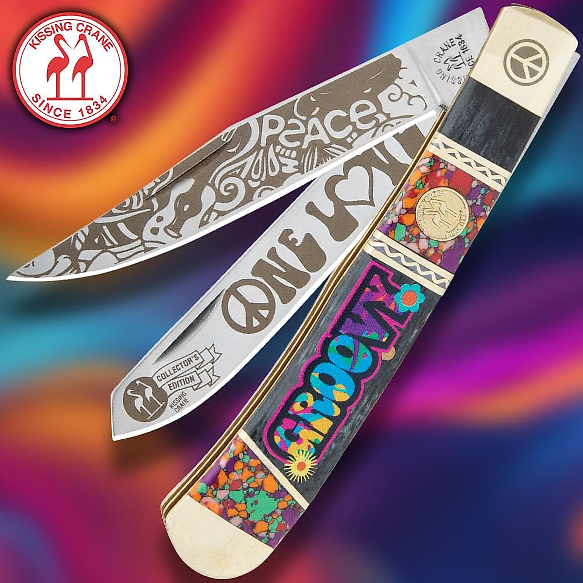 KISSING CRANE Groovy Trapper Pocket Knife | Laser Etched Stainless Steel Blades | 3D Printed Bone and Acrylic Handle Scales | Nickel Silver Boosters | 1960's Tribute | Closed Length 4"