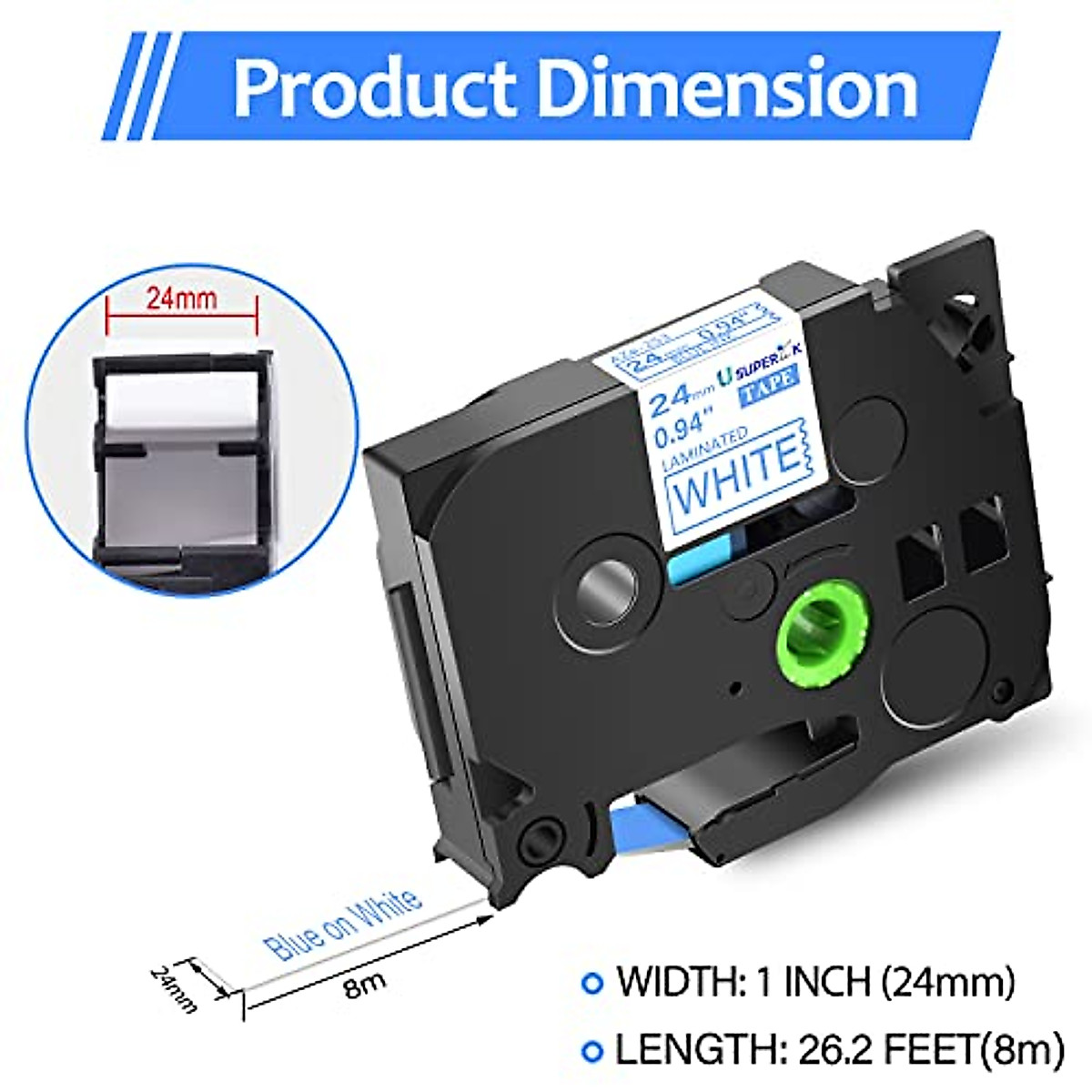USUPERINK 1 Pack Compatible for Brother P-Touch TZe-253 TZe253 TZ253 TZ-253 Blue on White 24mm 1 inch 0.94'' x 26.2ft Laminated Label Tape Work with PT-D600 D600VP P700 P710BT P950NW Label Maker