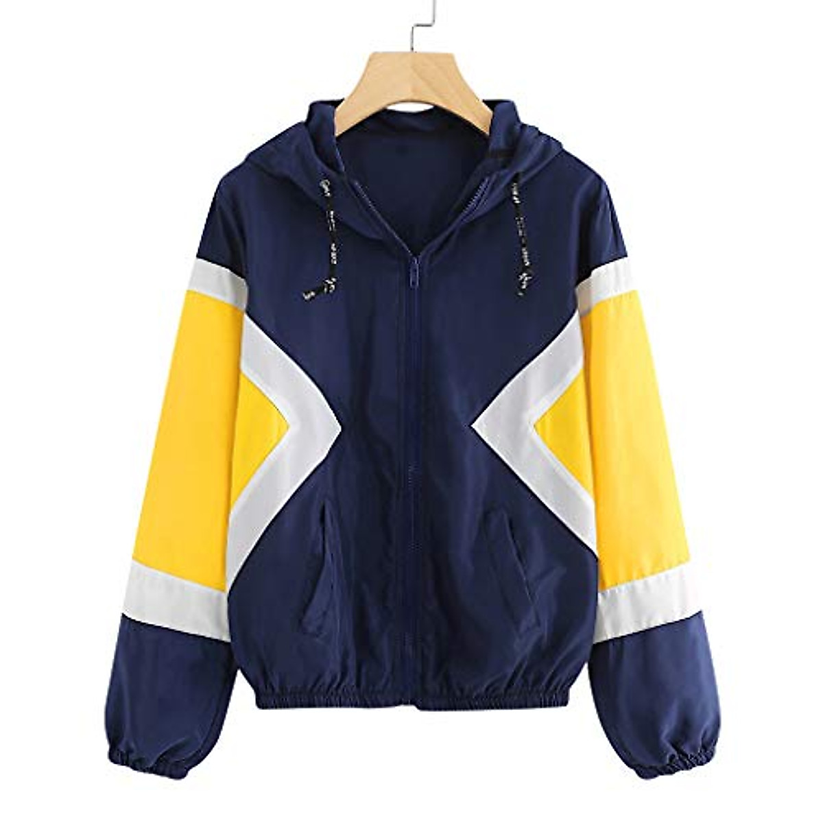 Fheaven Women Casual Long Sleeve Zipper Color Block Patchwork Slim Fit Hooded Sport Coat Yellow