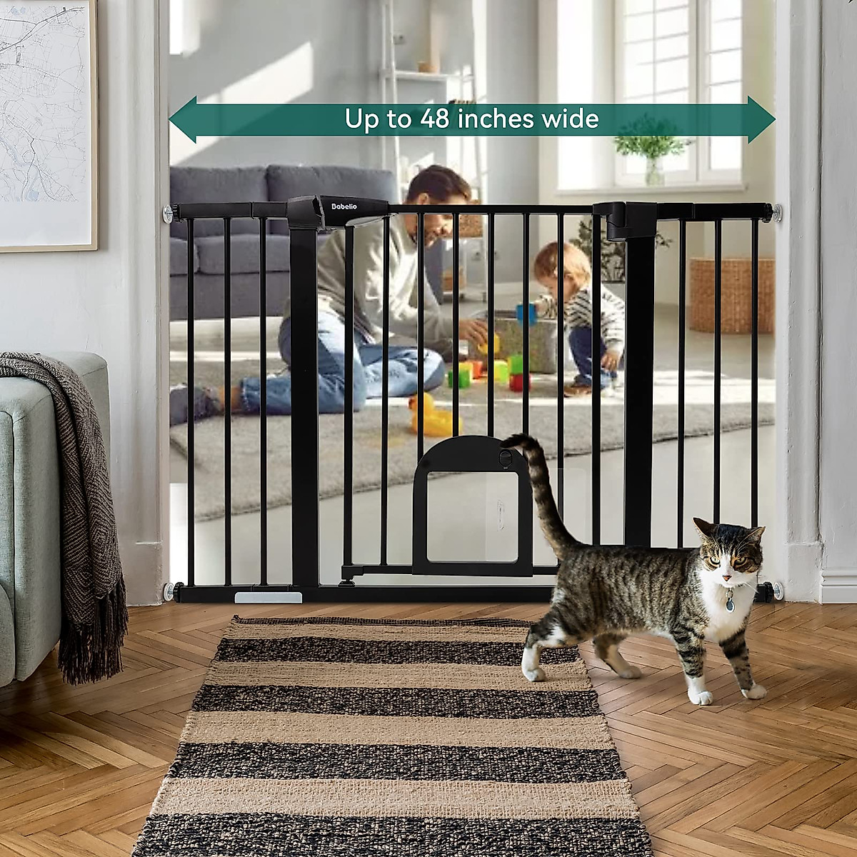 Babelio 29-48" Extra Wide Baby Gate with Adjustable Cat Door,Easy Install Pressure/Hardware Mounted,Auto Close Pet door for Stairs,House,Doorways,Effortless Walk Thru,Black
