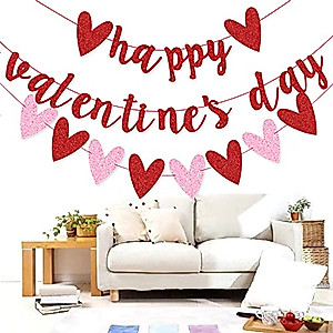 Red Glittery Happy Valentines Day Banner and Red Pink Glittery Heart Garland Banner Valentines Day Decorations No DIY Romantic Paper Garland Banner Valentine Day Bunting Photo Props