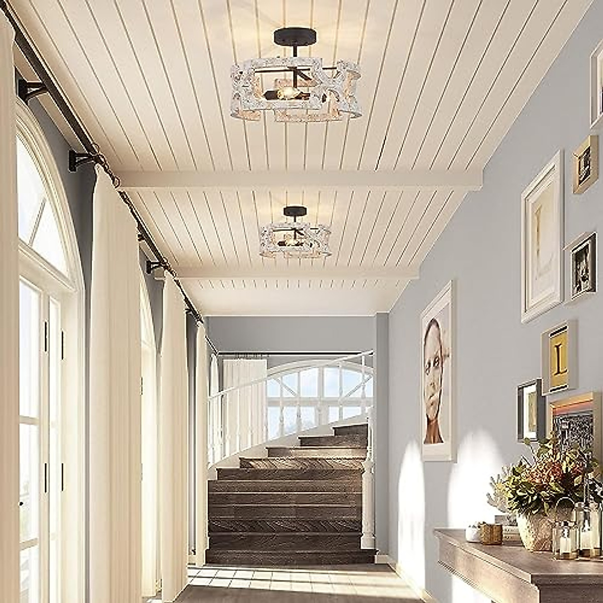 Farmhouse Wood Semi Flush Mount Ceiling Light, Distressed White Vintage Drum Close to Ceiling Light Fixture for Bedroom, Hallway, Kitchen, Dining & Living Room, Foyer and Bathroom