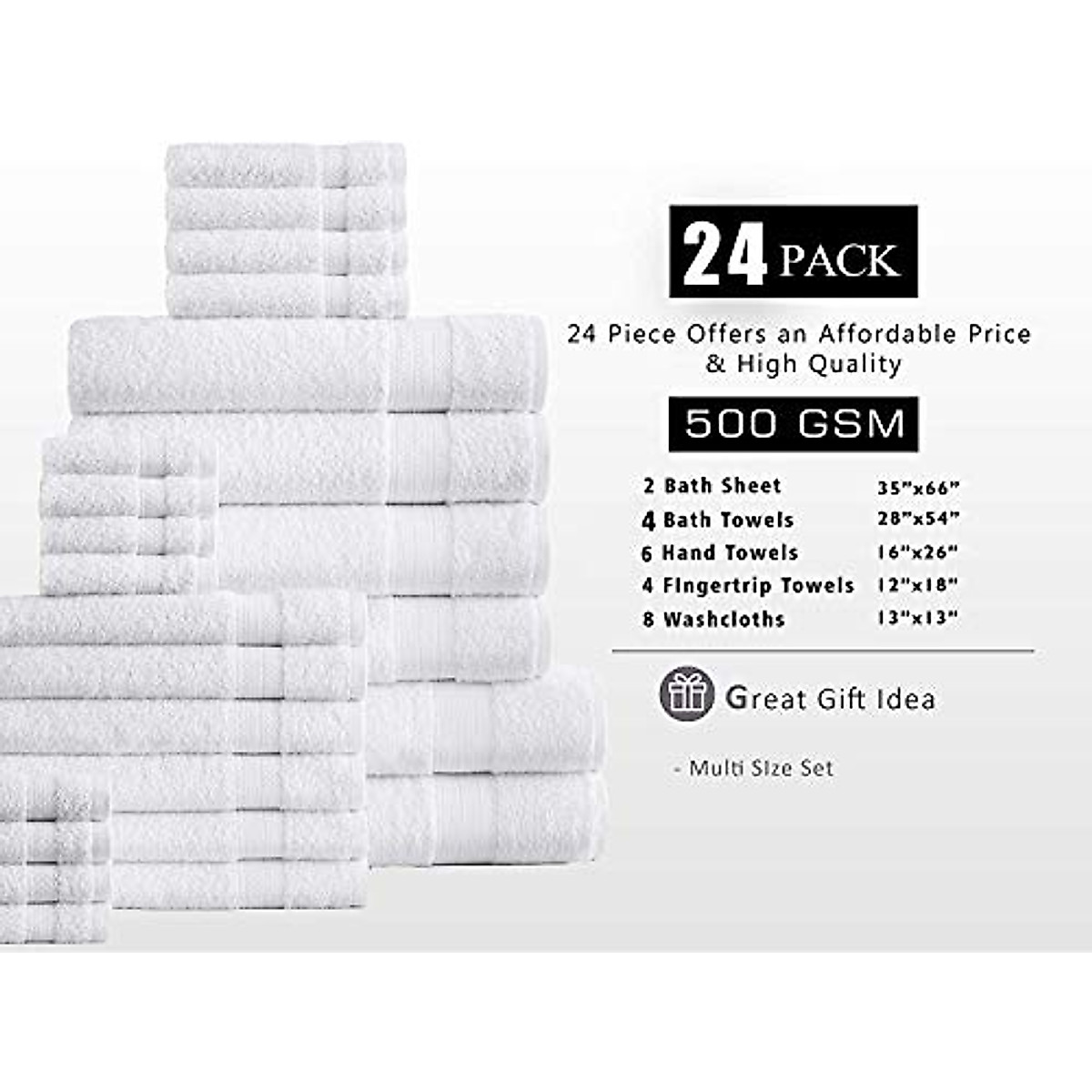 LANE LINEN White Bath Towels for Bathroom Set-24 PC Bathroom Oversize 2 Sheets Large 4 Towel 6 Hand 8 Washcloths Fingertip Towels-White Towels Sets