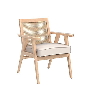 Guyou Mid Century Modern Rattan Chair, Upholstered Velvet Accent Chair with Rattan Back, Retro Living Room Chair for Bedroom/Fire Place/Reading Room (Beige)