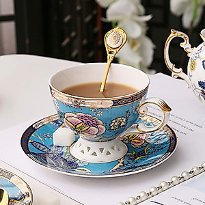 fanquare 7oz British Fine Bone China Coffee Cup and Saucer,Flora Porcelain Tea Cup,Blue Cappuccino Cups