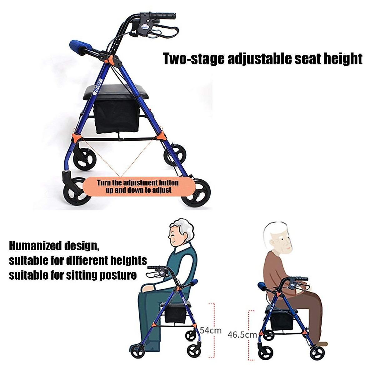 Aluminum Rollator Walker with Height Adjustable Seat, Fold Up and Removable Back Support, Padded Seat, 6" Wheels(Colour: Blue)