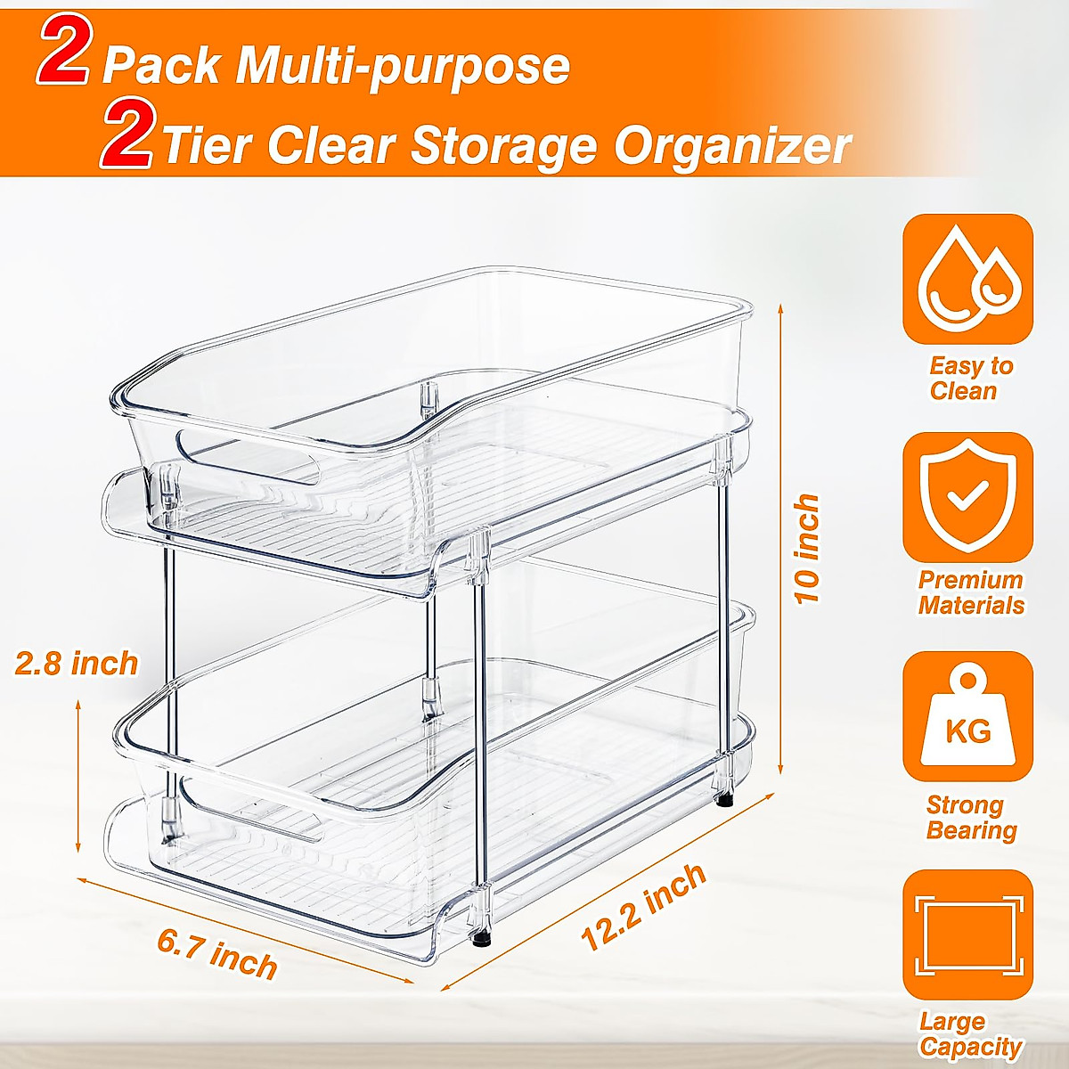 JUPELI Clear Bathroom Organizer, 2 Tier Pull Out Kitchen Closet Undersink Organization and Storage Bins, Convenient and Durable Cabinet Organizer for Snack Spice Jar Medicine and Cosmetics, 2pack