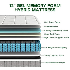 Mattress Queen Size,12 Inch Hybrid Mattress Memory Foam Mattress with Pocket Spring, Breathable Medium Firm Gel Mattress in a Box, Cooling Supportive CertiPUR-US Certified by DIGLANT