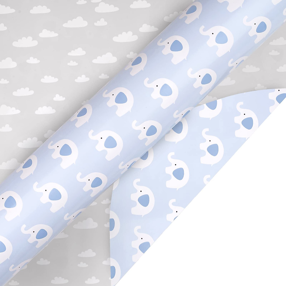 LeZakaa Reversible Baby Shower Wrapping Paper - Jumbo Roll - Elephant in Blue & Cloud in Gray for Baby Boy - 24 inches x 100 Feet (200 sq.ft.)