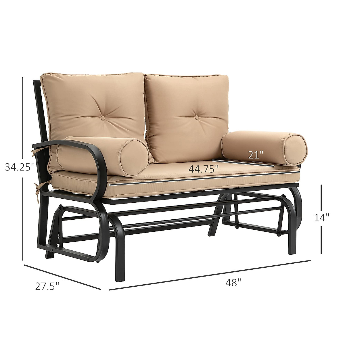 Outsunny Swing Glider Rocking Chair, Double Patio Bench, 2 Person Loveseat with Steel Frame, Cushions, Pillow Armrests, Khaki