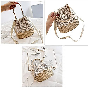 Anopo Straw Shoulder Bag Women Girls Drawstring Lace Woven Travel Handbag Rattan Bucket Summer Beach Hobo Bag Bohemian Crossbody Tote Purse-Leaf