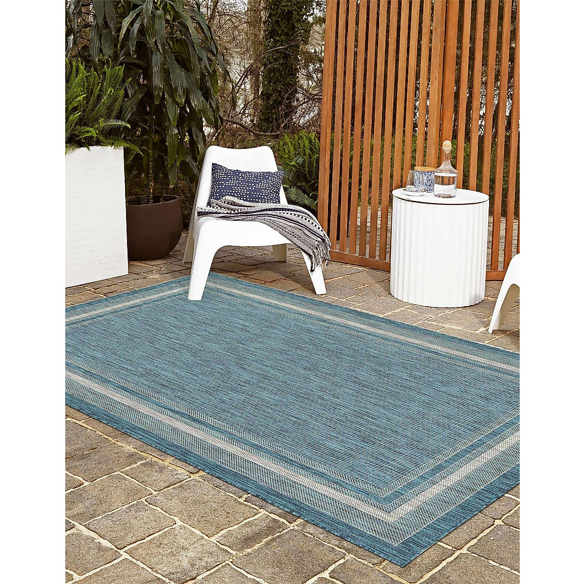 Unique Loom Outdoor Border Collection Area Rug - Soft Border (10'x 14' 1" Rectangle, Teal/ Ivory)