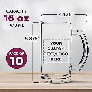 DISCOUNT PROMOS Custom Glass Beer Mug 16 oz. Set of 10, Personalized Bulk Pack - Great for Wedding Favors, Groomsmen Gifts, Birthday Gifts - Clear