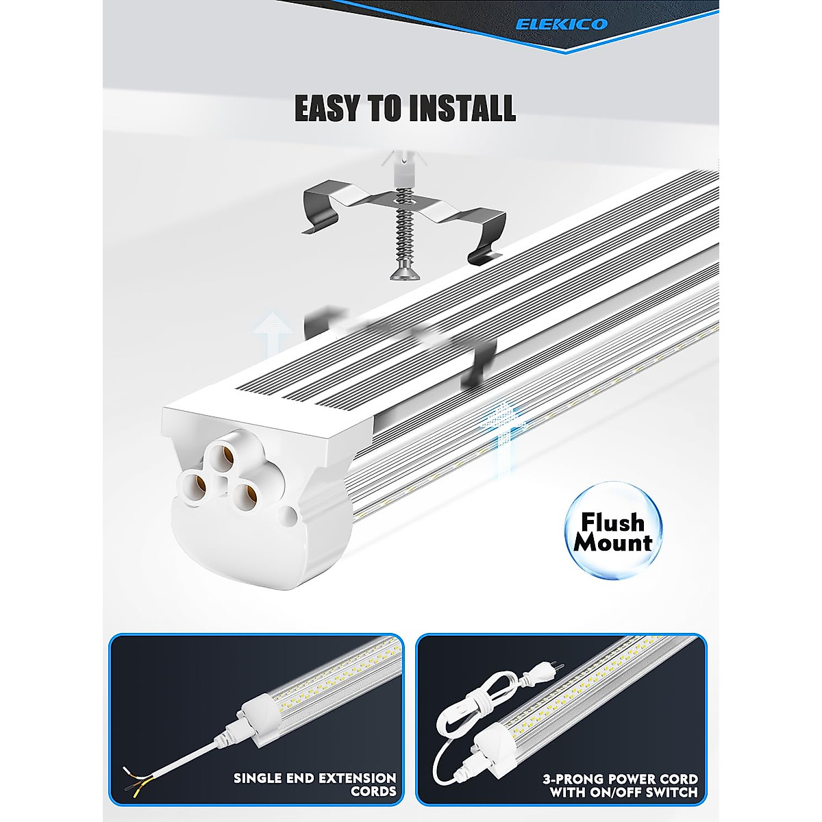 ELEKICO 6 Pack 50w 4ft Led Shop Light, Super Bright 7500lm 5000k V Shape 4' Led Shop Lights, Linkable 4 Foot Led Shop Lights for Garage Warehouse, Supermarket, Basement, Barn, Storage Area