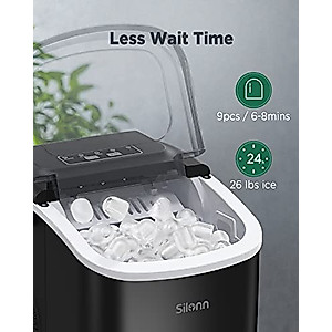 Silonn Countertop Ice Maker, 9 Cubes Ready in 6 Mins, 26lbs in 24Hrs, Self-Cleaning Ice Machine with Ice Scoop and Basket, 2 Sizes of Bullet Ice for Home Kitchen Office Bar Party, Black (SLIM09)