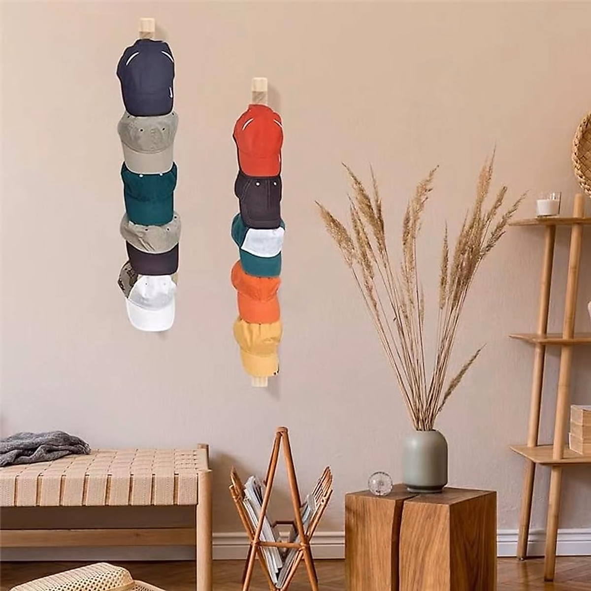 Wooden Vertical Hat Rack, Hat Rack for Baseball Caps, Wall Mounted Baseball Hat Organizer Hat Holder, Wall Vertical Hat Holder Caps Display Rack for Closet Door Bedroom(2pcs Black)