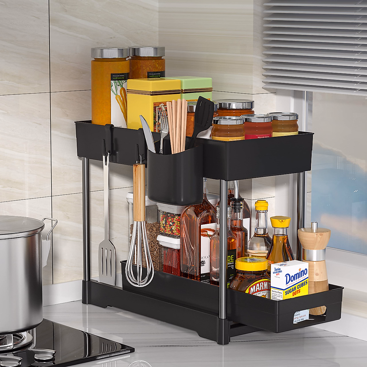 2 Tier Under The Sink Organizer,Bathroom Cabinet Organizer With Sliding Pull Out,Under Sink Organizers And Storage For Kitchen (Black,1 Pack）