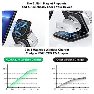 KU XIU X40 Magnetic Wireless Charger, 3 in 1 Charging Station for Apple Devices, Foldable Portable 15W Fast Charging Stand for iPhone 15 14 13 12 Pro Max & Apple Watch, AirPods (Adapter Included)