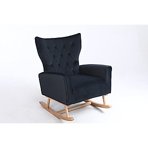 HHOK Rocking Chair, Mid Century Modern Velvet Tufted Upholstered Rocker Armchair Padded Seat with Solid Wood Base, Accent Chair with High Backrest and Armrests for Living Room Bedroom Balcony