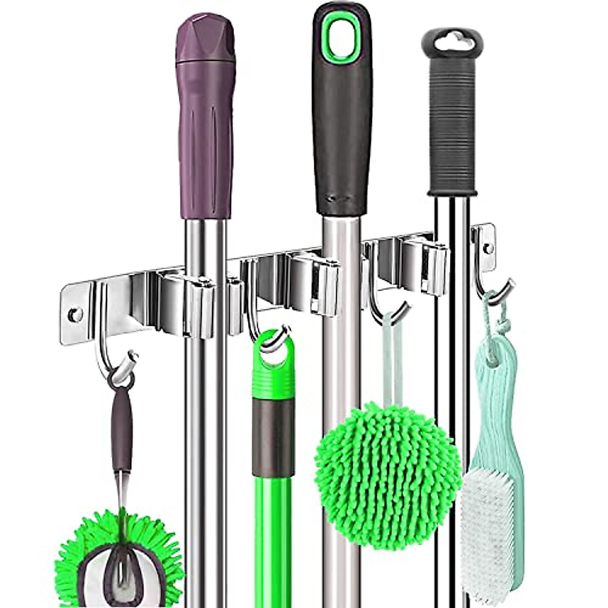 CRSUSUKJ Broom and Mop Holder Wall Mounted, Broom Hanger, Broom Holder, Stainless Steel Heavy Duty Broom Racks, Heavy Duty Storage Organization for Home Kitchen Garden Garage Room(3 Racks 4 Hooks)
