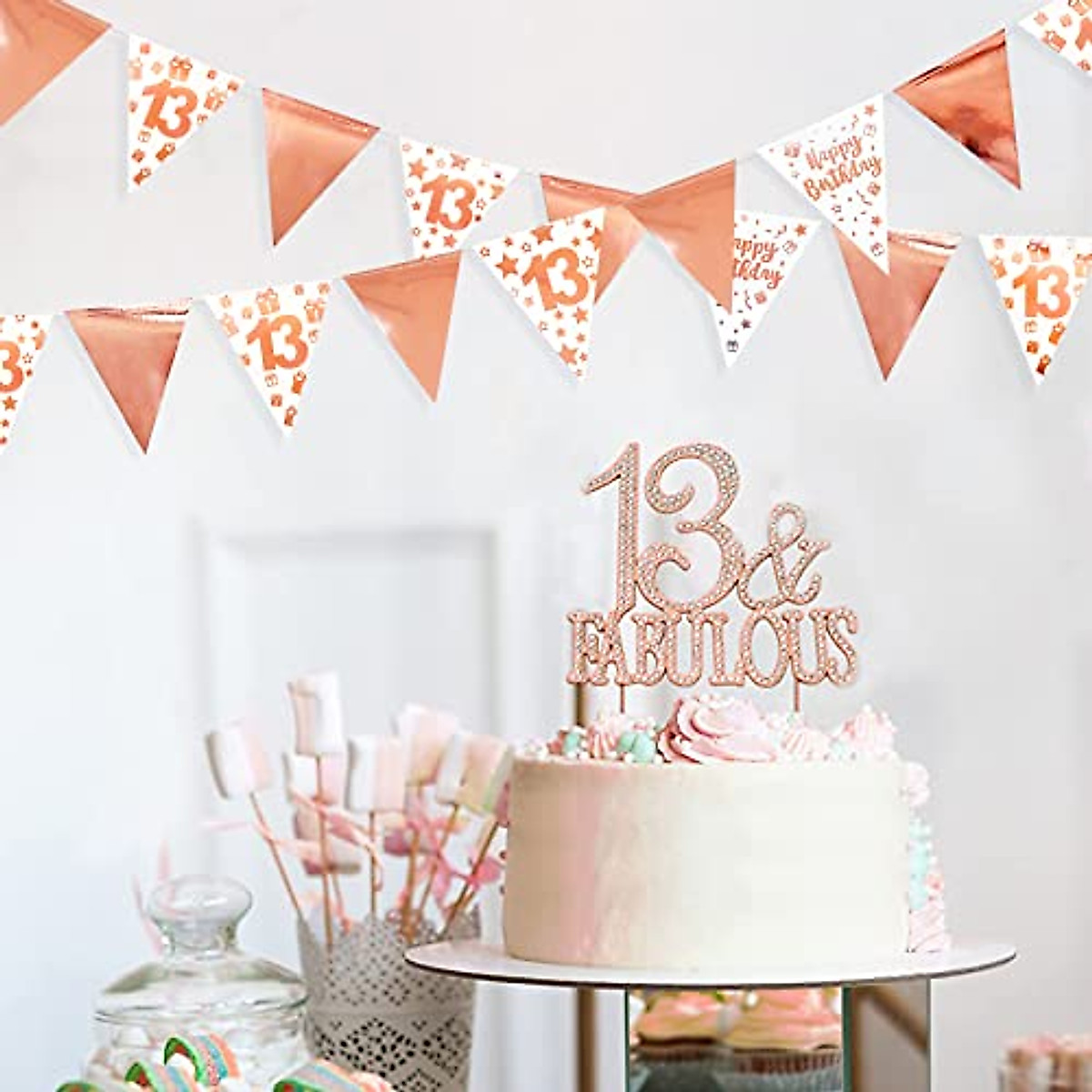 40Ft Rose Gold 13th Birthday Decorations Happy 13th Birthday Banner Bunting Triangle Flag Pennant Garland for Teen Girls 13 Year Old Happy Birthday Decor Thirteen Official Teenager Party Supplies