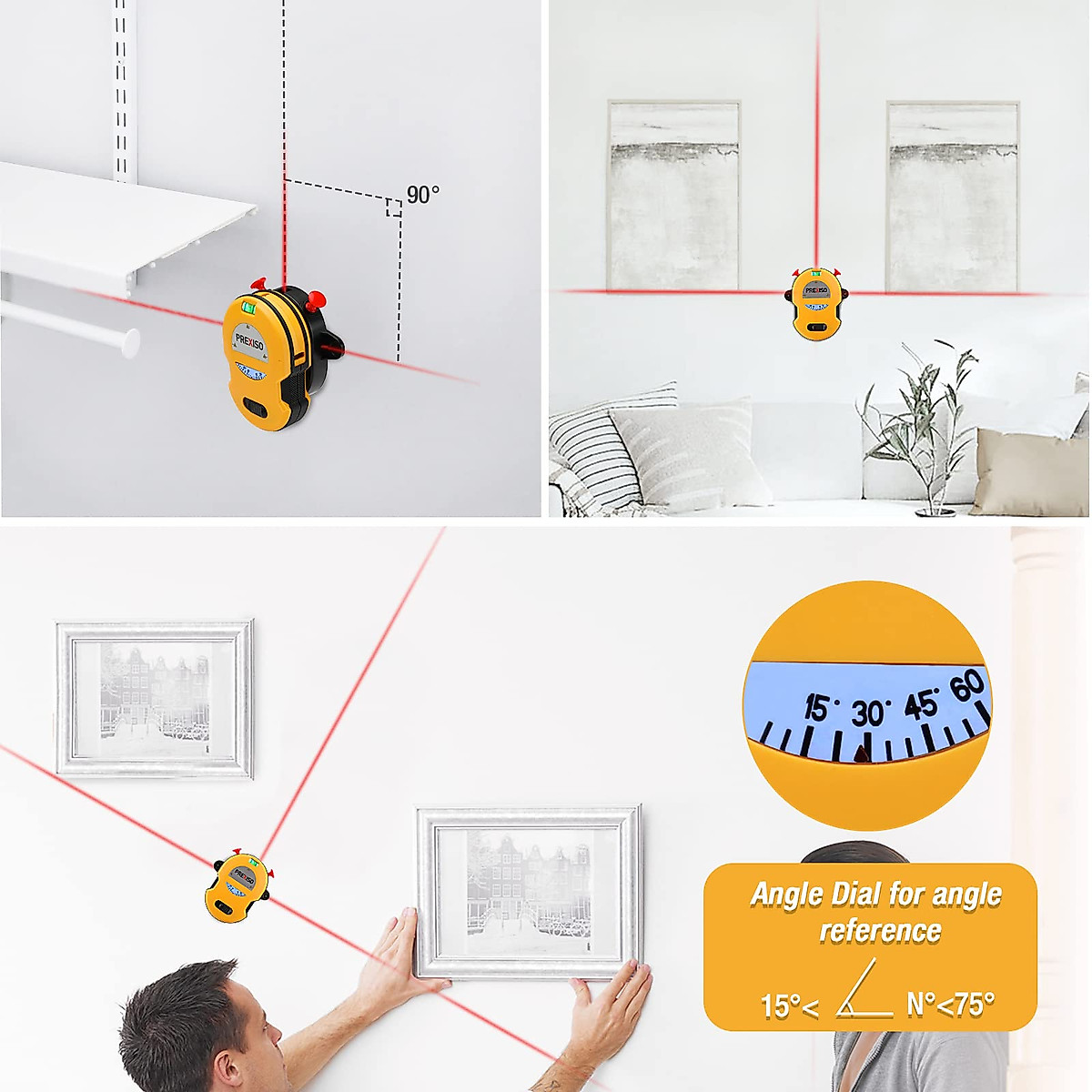 PREXISO Multi Surface Laser Level LED Light Vial, 30Ft Horizontal & Vertical Line Laser with Wall Mount Base, 2 Pins, 10 Sticker, 2 AA Batteries for Hanging Frames & Picture, Construction Wall Writing