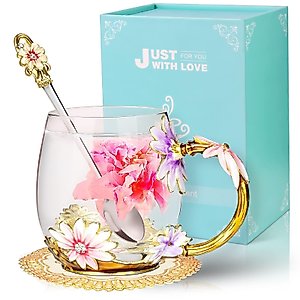 Wisolt Birthday Gifts for Women Mothers Day Gifts for Mom Enamel Glass Tea Cup Gifts for Her Mom Grandma Teacher Friend Anniversary Christmas Valentines Day Glass Coffee Mug with Spoon