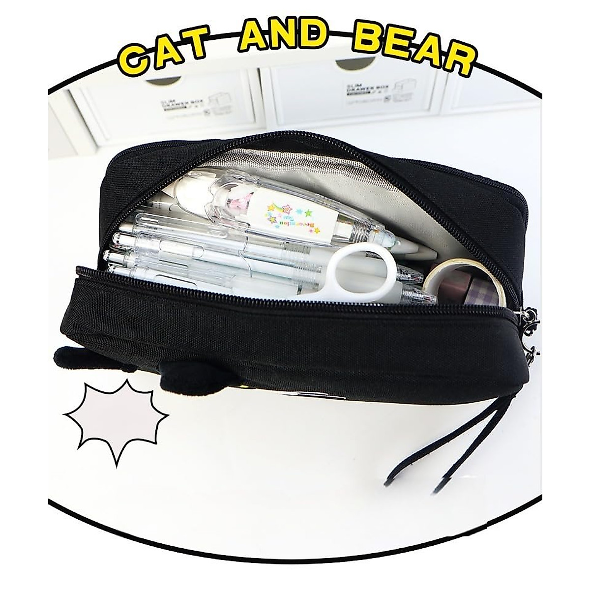 KGJGFX Doubel Layer Large Capacity Pencil Case with Embroidered Cats Grid Compartment of Pen Slots in Black & White Pen Holders Pen Pouch (Beige Cat with 3 Layers)