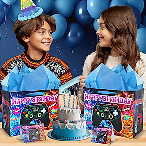 Game Theme Birthday Gift Bags Video Game Birthday Party Decorations Gaming Birthday Favor Bags with Gamer Happy Birthday Tissue Paper and Greeting Card for Boys Girls Game Theme Birthday Christmas Party Decor