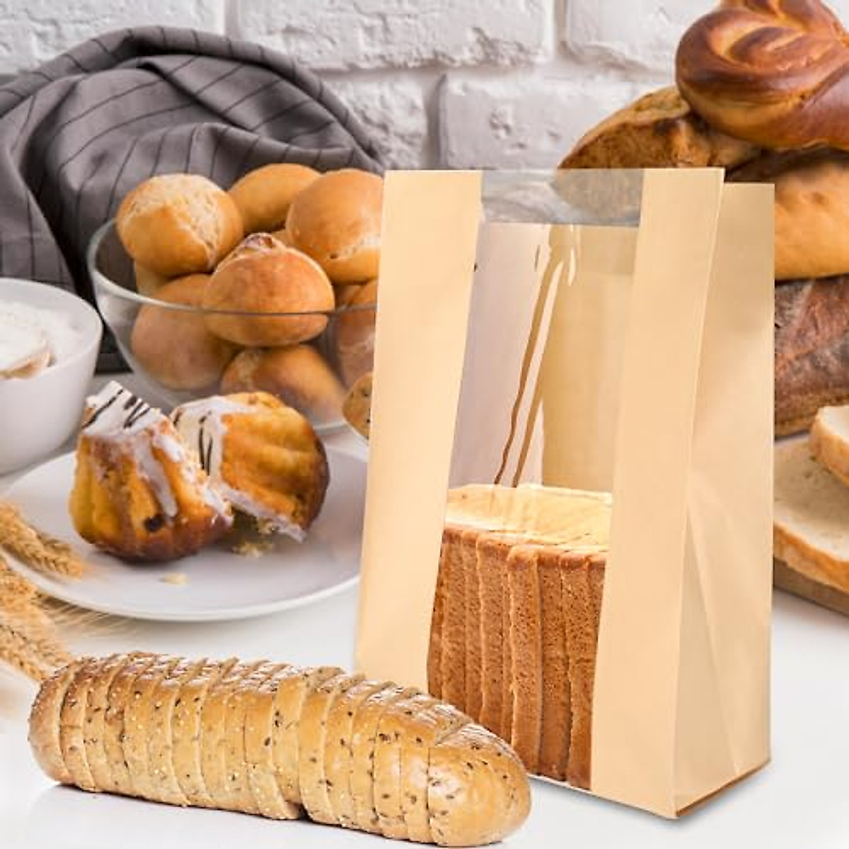ROLYTA 50 Pack Bread Bags for Homemade Bread,Large Kraft Paper Loaf Bag with Window and Label Seal Stickers,13.8x8.3x3.94 Inch Large Kraft Paper Bakery Bag for Baked Toast Food Packing Storage