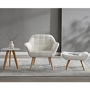 ZH4YOU Sherpa Accent Chair with Ottoman, Modern Lounge Chair with Footrest Upholstered Sofa Armchair with Wood Legs Comfy Reading Chair for Small Spaces/Living Room/Bedroom/Apartment, White