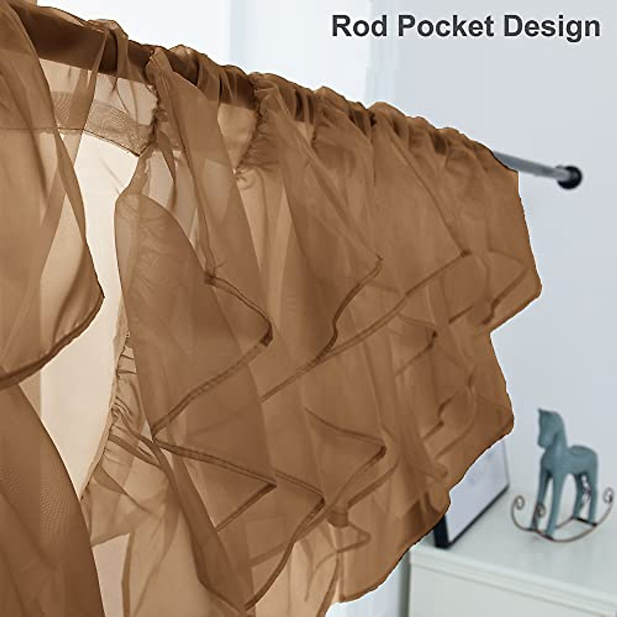 PearAge Ruffled Voile Semi Sheer Curtain Valance, Kitchen Living Room Shabby Chic Ruffle Valance Curtains, Girls Daughters Bedroom Cascade Window Valance Rust Brown 50x16 Inches