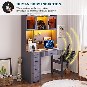 WOOVIVS LED Study Desk with Hutch and Drawer, Home Office Desk with Outlet, Computer Desk with USB Charging Station, Writing Desk for Bedroom, Workstation for Small Space (Grey)