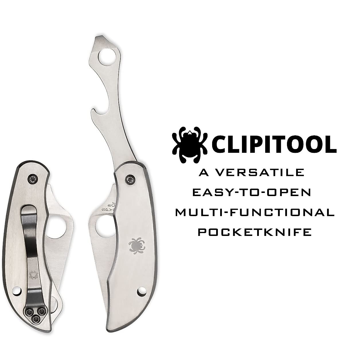 Spyderco ClipiTool Multi-Functional Stainless Steel Utility Pocket Knife with 2" Steel Blade and Screwdriver/Bottle Opener - PlainEdge - C175P
