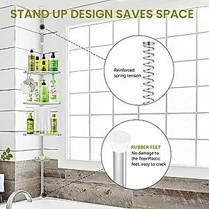 Yvilant Corner Shower Caddy Tension Pole, 4 Layer Rustproof Shower Corner Shelf Stainless Steel Pole Organizer Standing Shower Organizer Adjustable Shower Shelf, 59-110 Inches, Silver