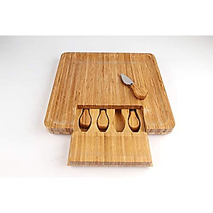 Natural Premium Bamboo Cheese Board - with Slide Out Cheese Knife Drawer, Perfect as a Charcuterie Platter and Wine Serving Tray. Ideal for Birthdays, Weddings or Housewarming Gifts.