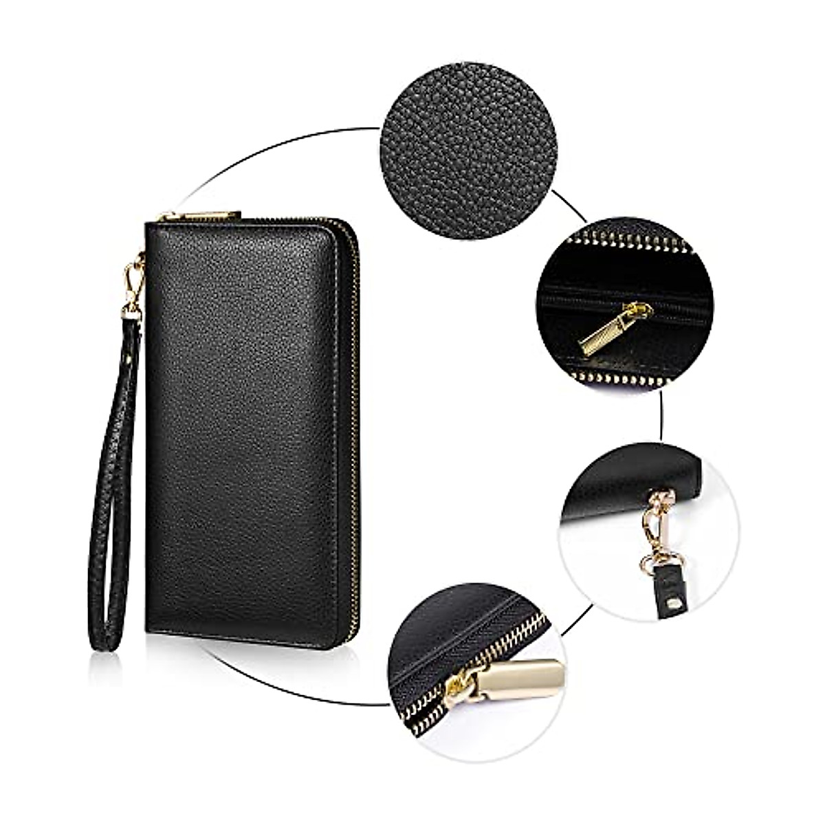 Chelmon Womens Wallet Large Capacity Zip Holder Clutch Bifold Wrist Strap Long Purse Black