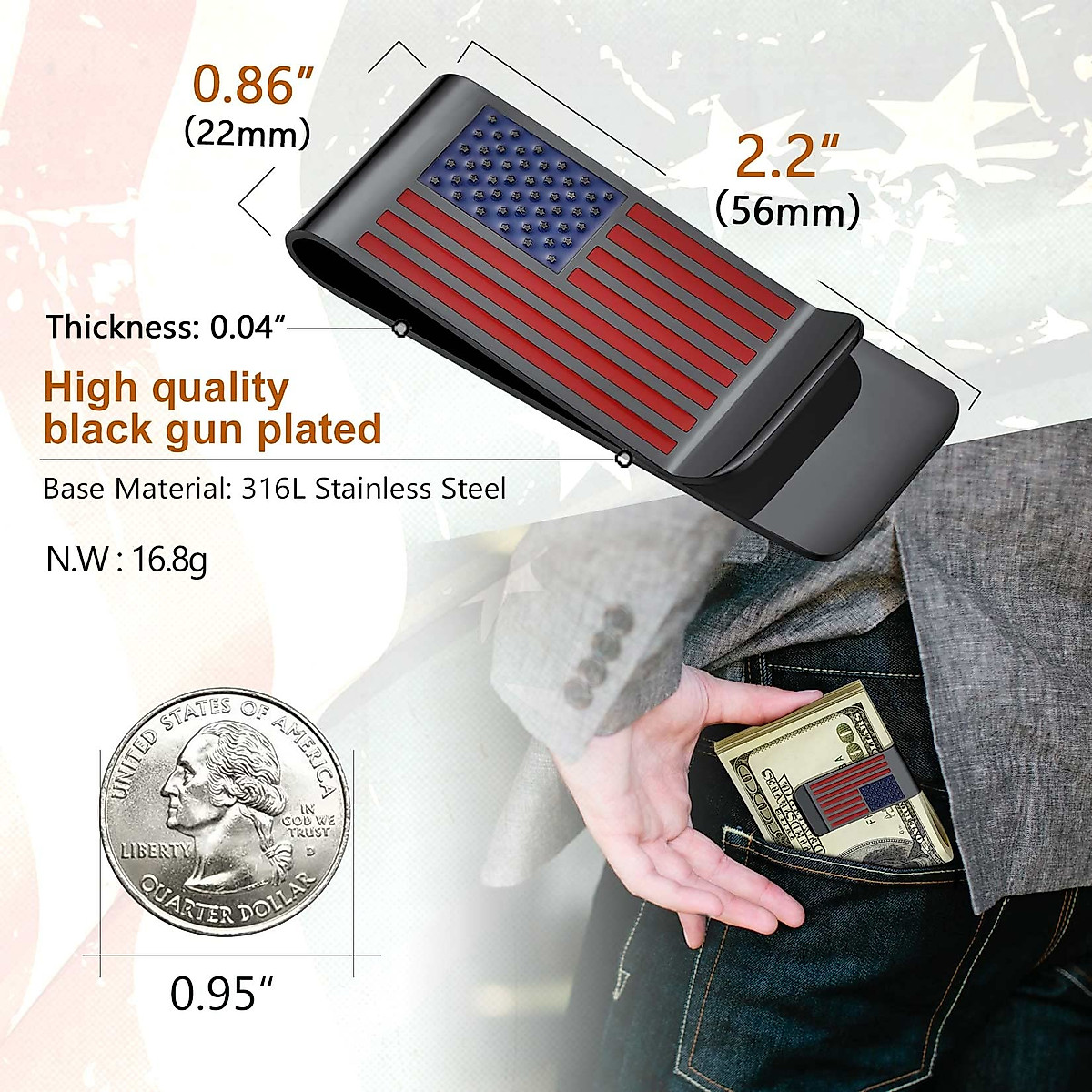 ChainsProMax Metal Money Clip for Men Black Cash Clip Men Moneyclip Minimalist America Flag