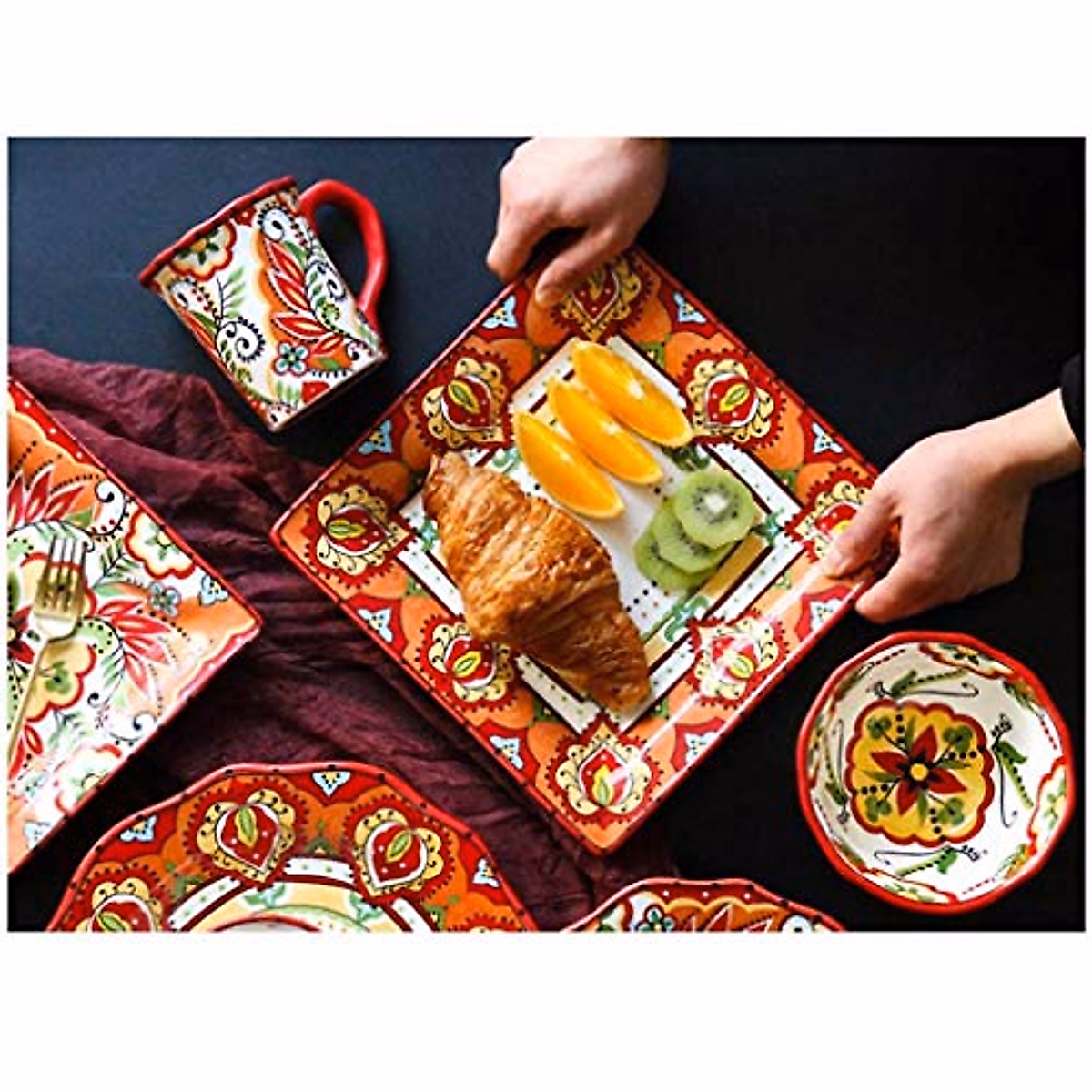 GagalU Porcelain Dinner SetDinner Set,5 Pieces Chic Square Ceramic Dinnerware Set Hand-Painted Underglaze Flower Plate Bowl Mug for 1 Person
