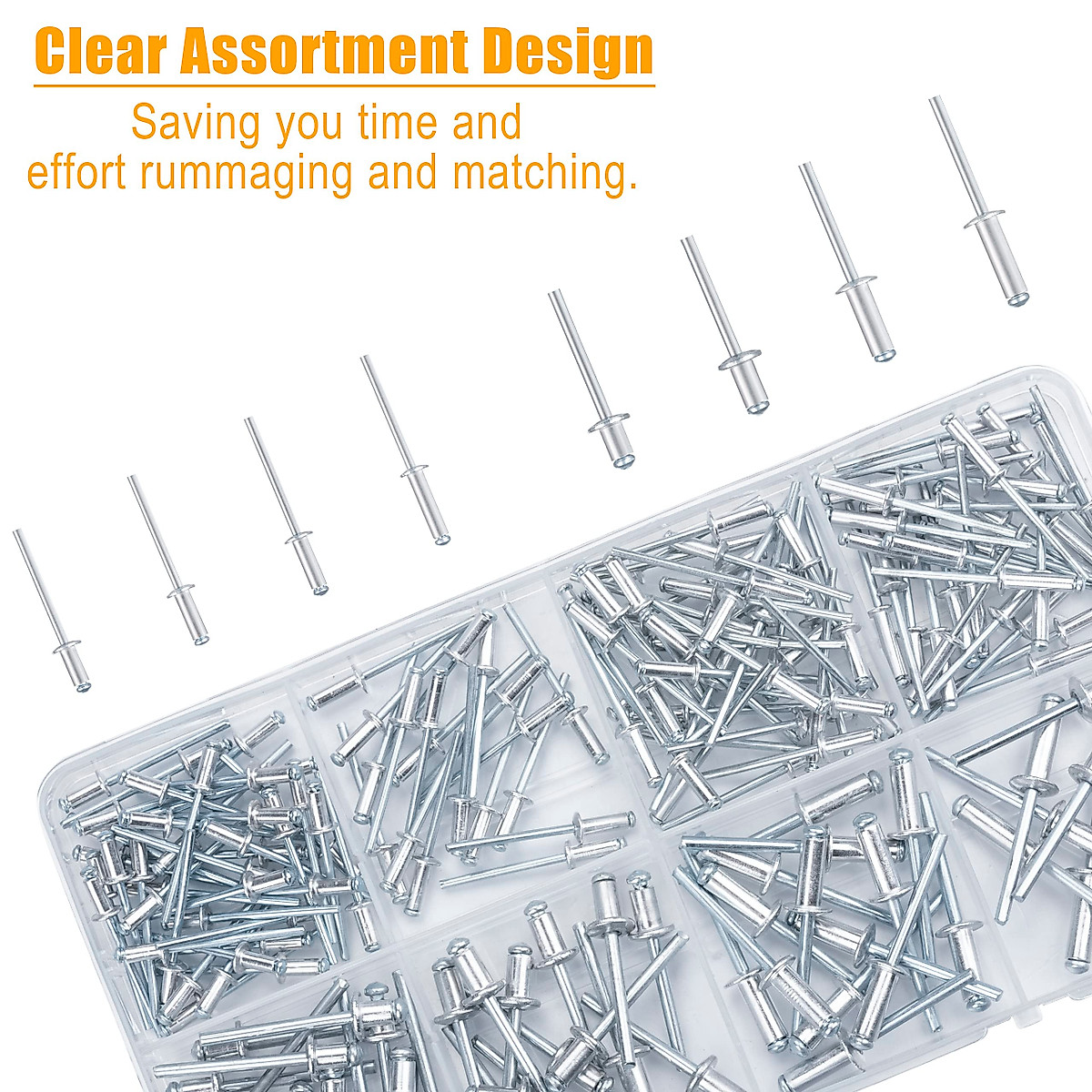 KURUI Pop Rivets Assortment Kit, 190PCs Aluminum Rivets Set in 8 Sizes 1/8*1/4", 1/8*5/16", 1/8*3/8", 1/8*1/2", 3/16*1/4", 3/16*5/16", 3/16*1/2", 3/16*5/8", Blind Rivets for Metal with Organizer