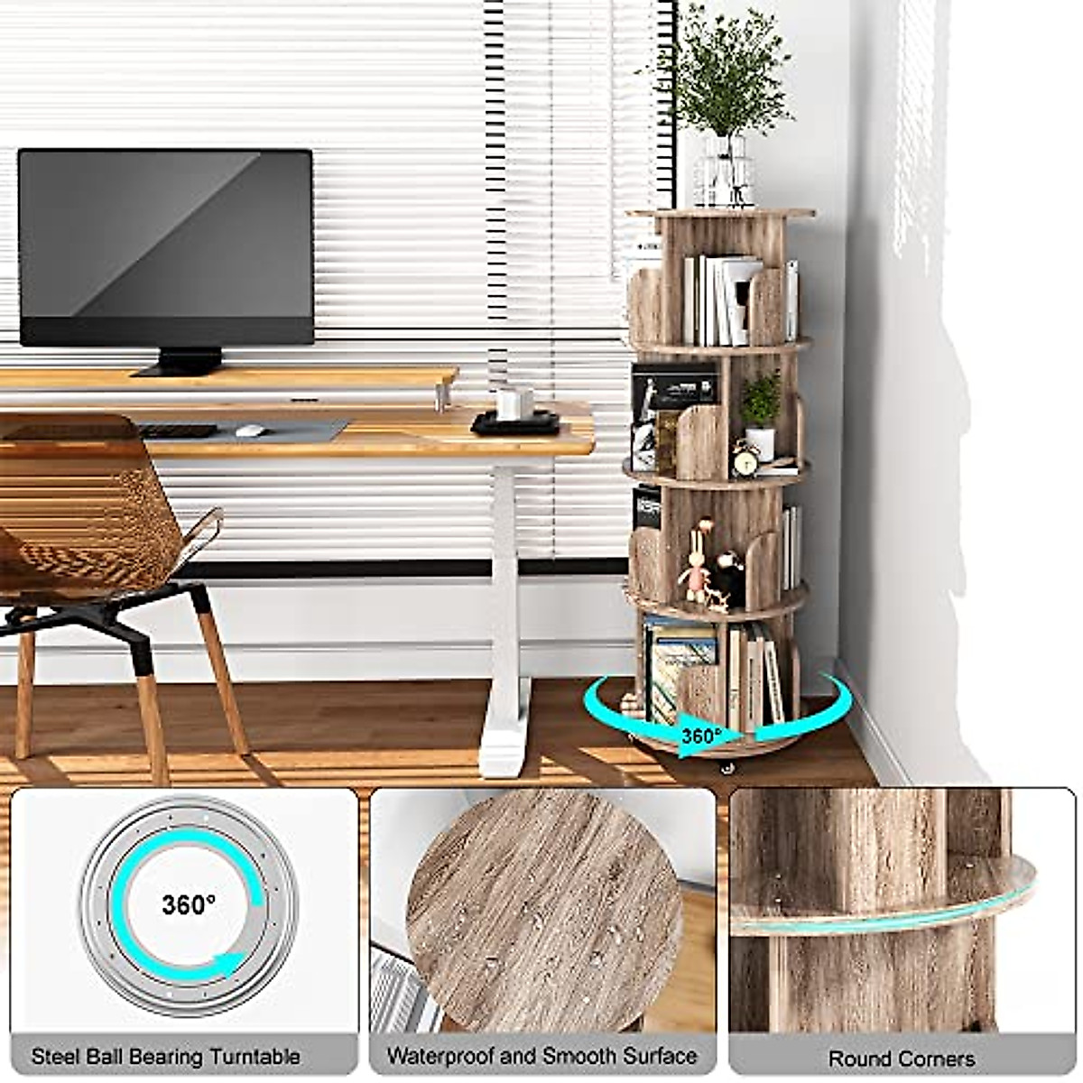 Nidouillet Rotating Bookshelf, 4 Tier Revolving Bookcase with Brake Wheels 360° Display Round Bookshelf Narrow Swivel Corner Book Shelf Standing Bookcase Adult Bedroom, Living Room - Oak Grey