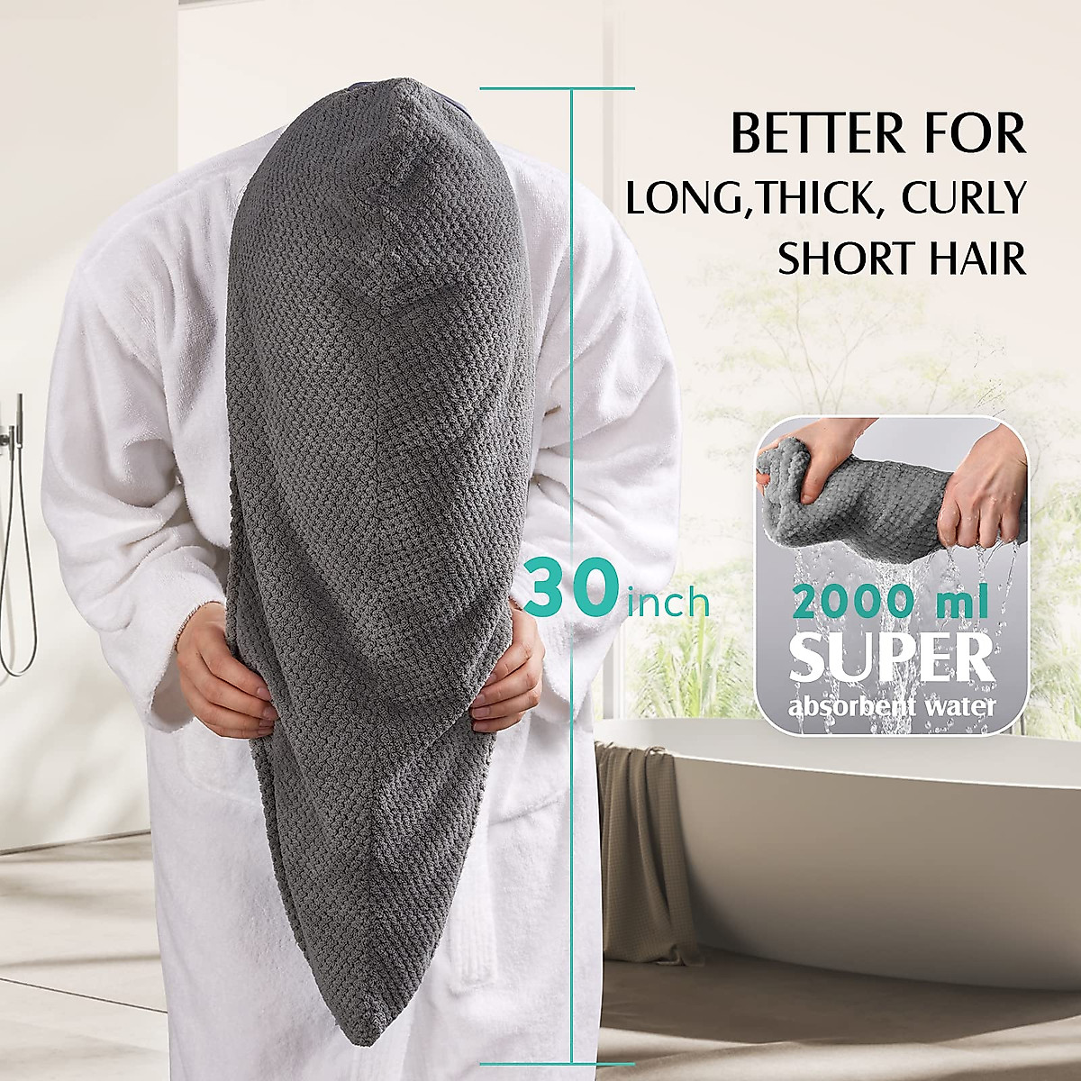 YFONG 3 Pack Large Microfiber Hair Towel Wrap, 30" x 10" Anti Frizz Quick Dry Hair Towels for Women Long, Curly, Thick Hair, Super Absorbent Hair Turban for Wet Hair (Grey, White, Camel)