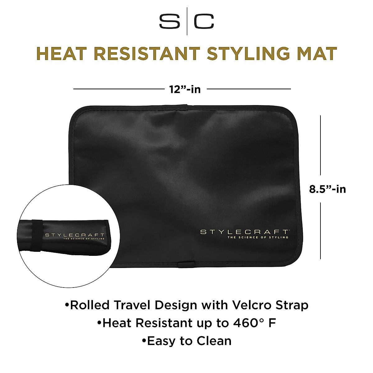 StyleCraft Heat Resistant Travel Mat & Pouch for Hot Styling Tools, Curling Iron, Curling or Flat Iron (Black) with Wrap Tie